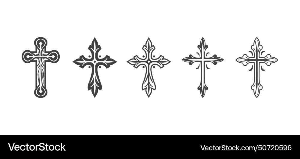 Flat black christian cross icons set Royalty Free Vector