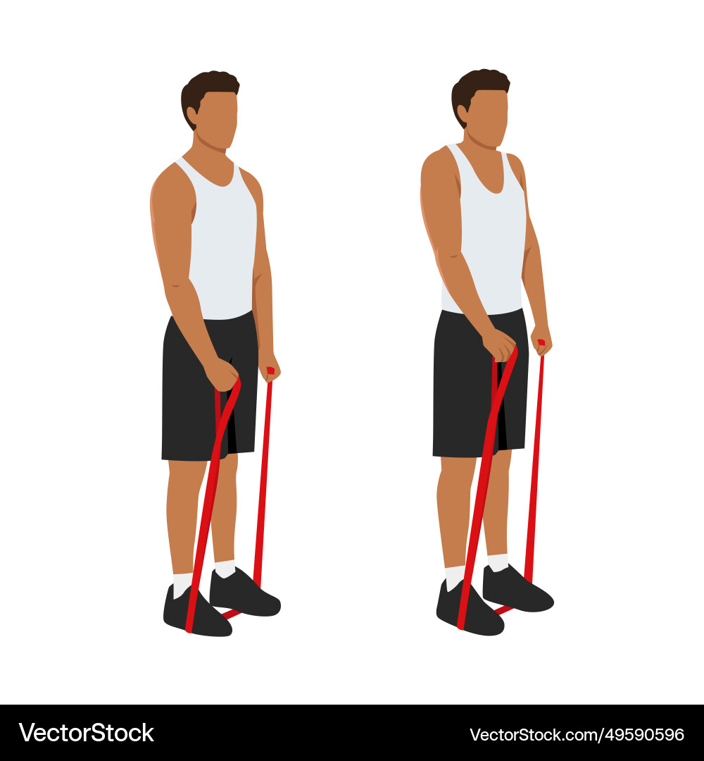 Man doing resistance band shrugs exercise Vector Image