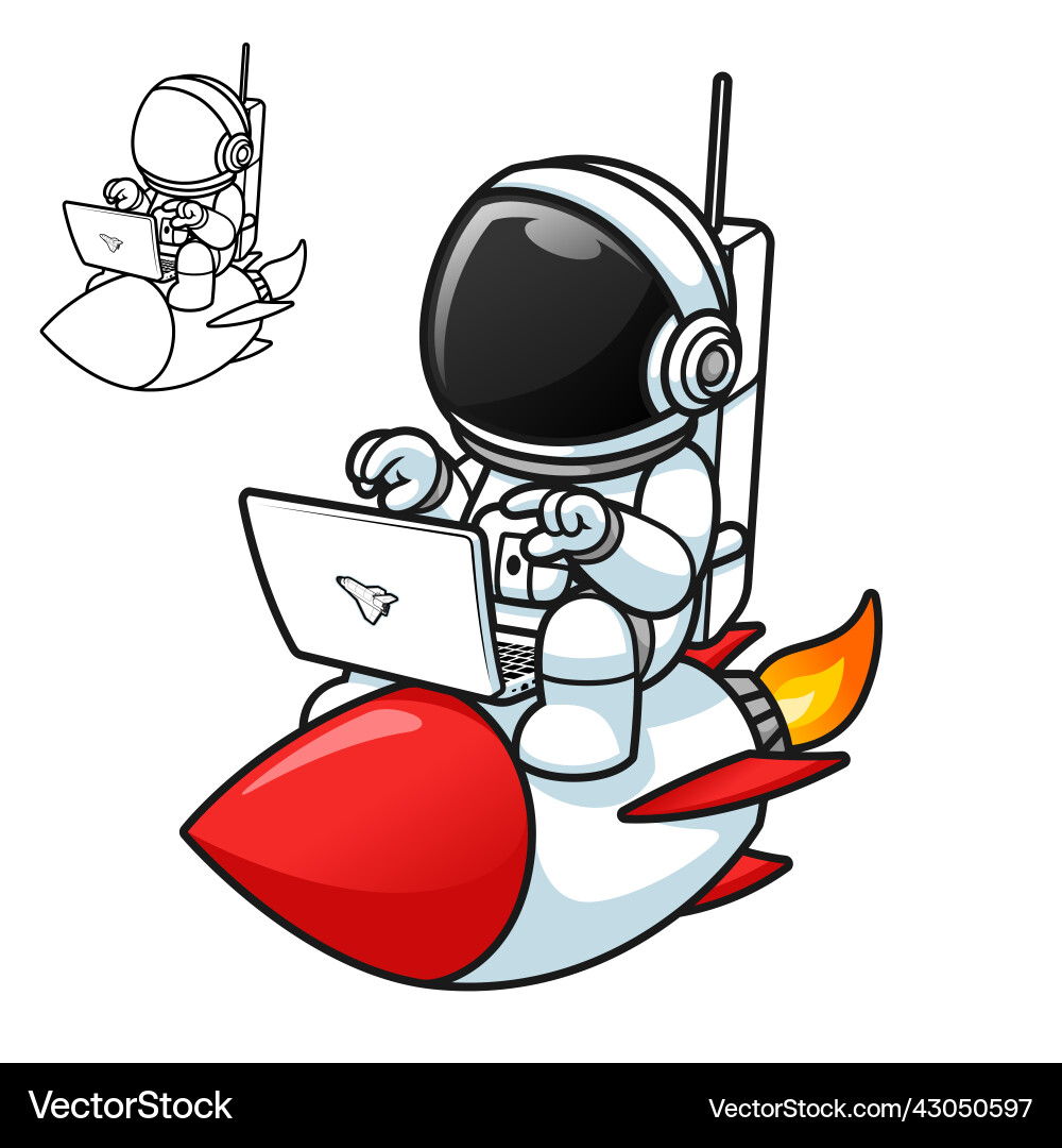 Cute astronaut playing laptop on rocket Royalty Free Vector