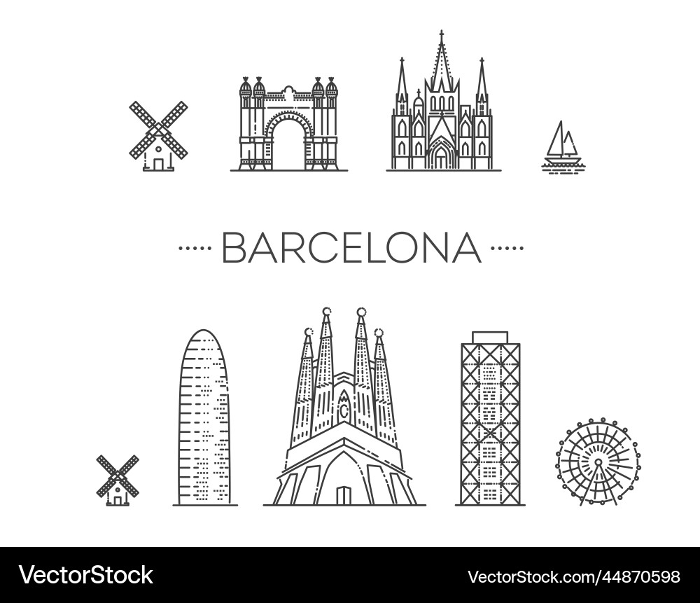 Barcelona skyline spain symbols Royalty Free Vector Image