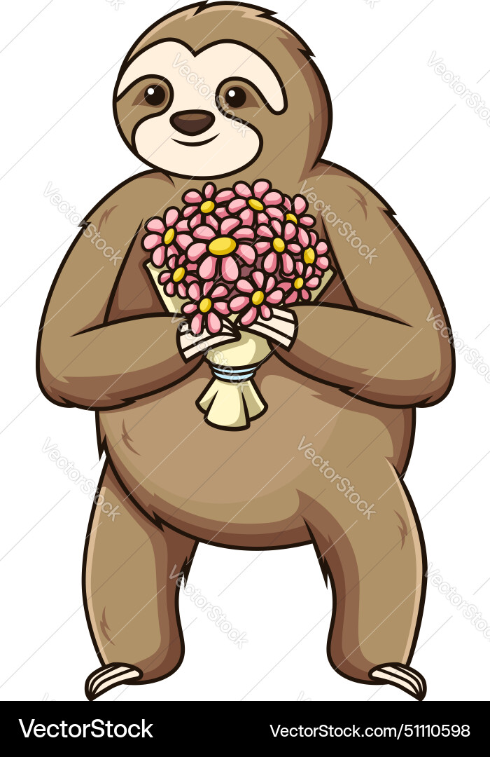 Sloth holding flowers cartoon clip art Royalty Free Vector