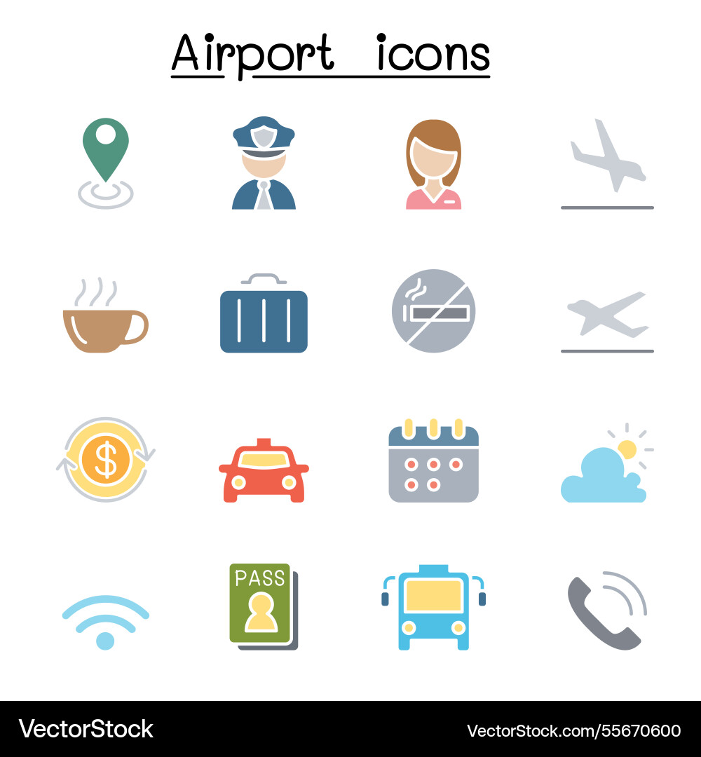 Airport icon set in flat color style Royalty Free Vector