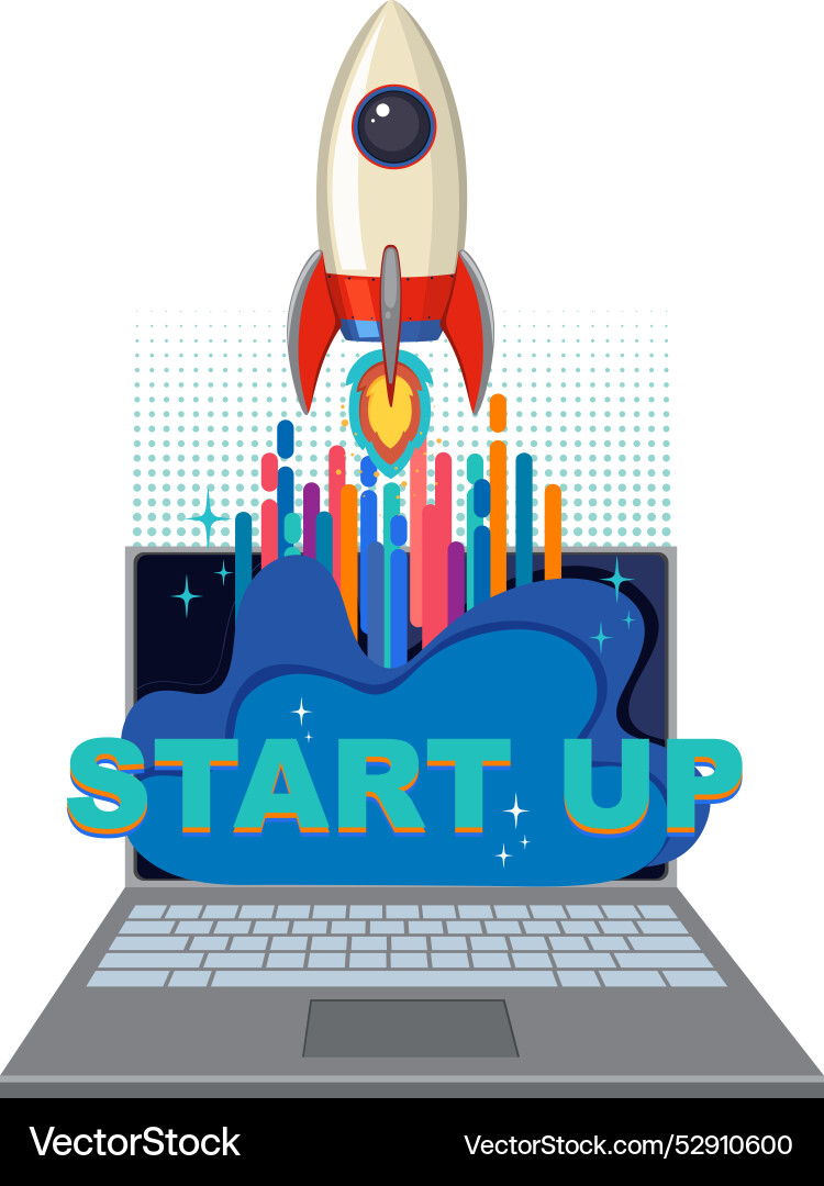 Startup concept with rocket and laptop Royalty Free Vector