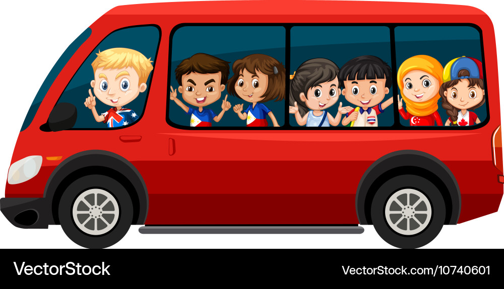 Children riding on red van Royalty Free Vector Image