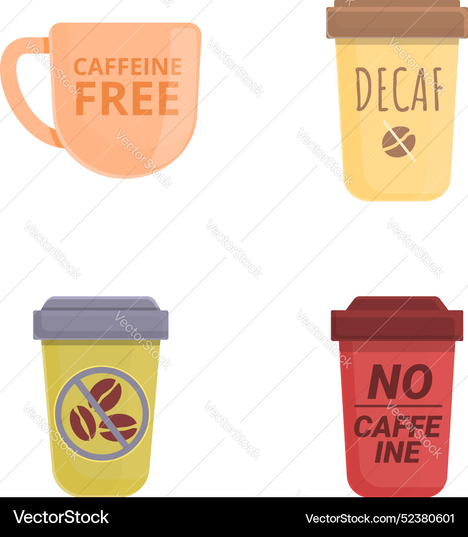 No caffeine icons set cartoon various cup Vector Image