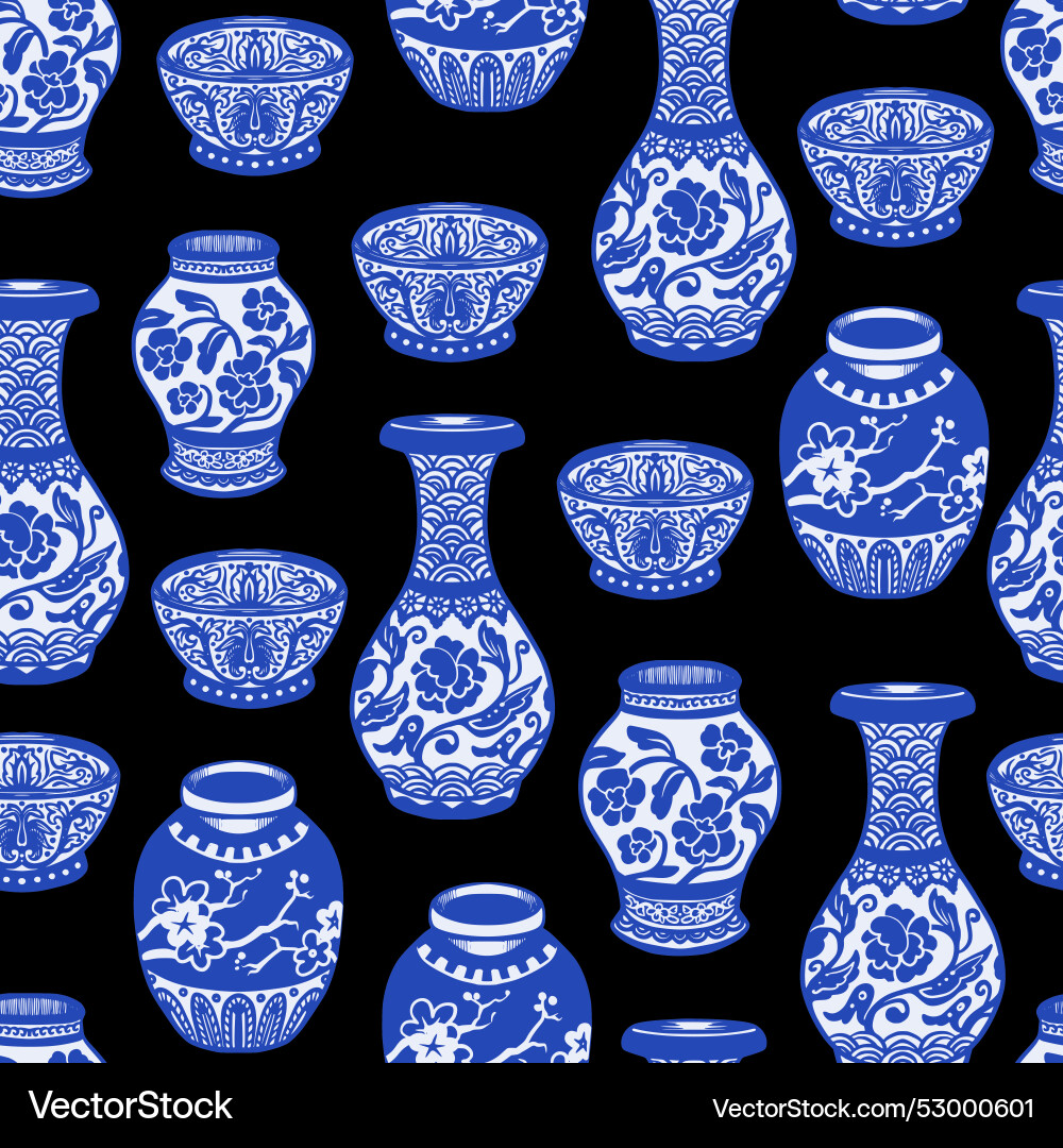 Seamless pattern with chinese blue vases Vector Image