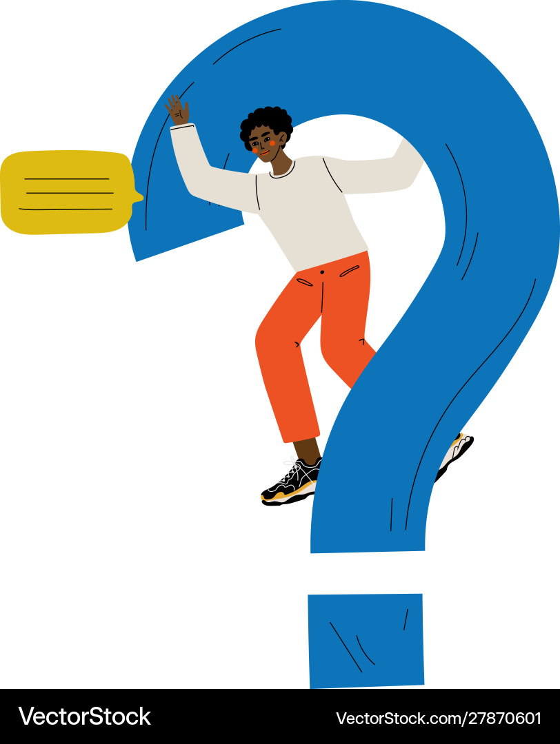 Young man standing next to a big question mark Vector Image