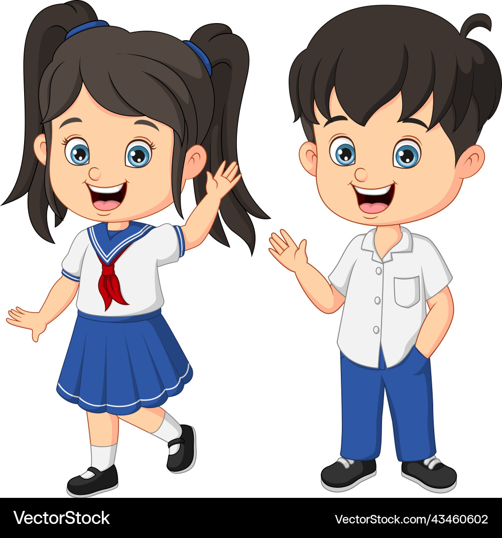 Cute school children cartoon waving hands Vector Image