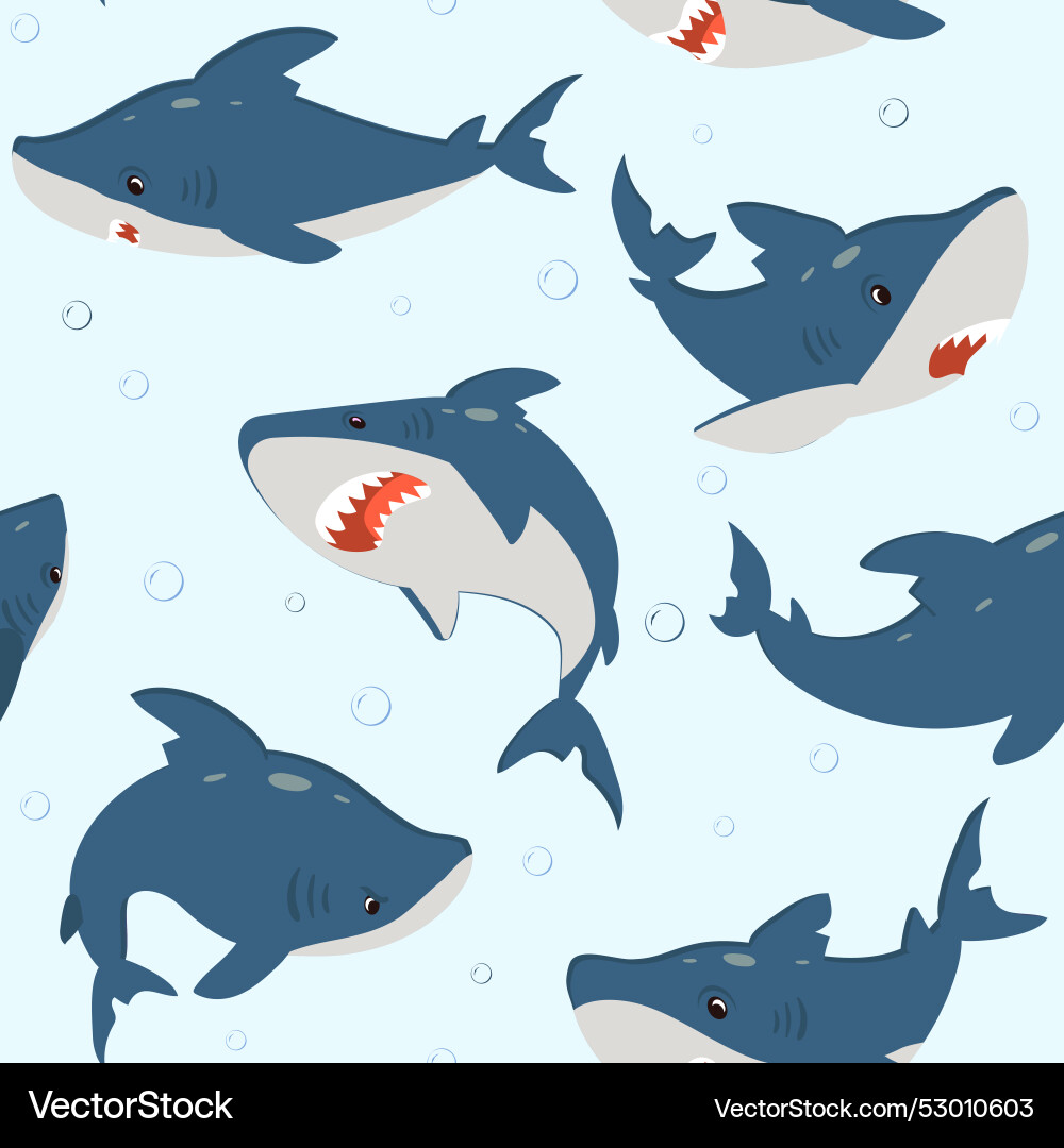 Shark pattern cartoon seamless texture with ocean Vector Image
