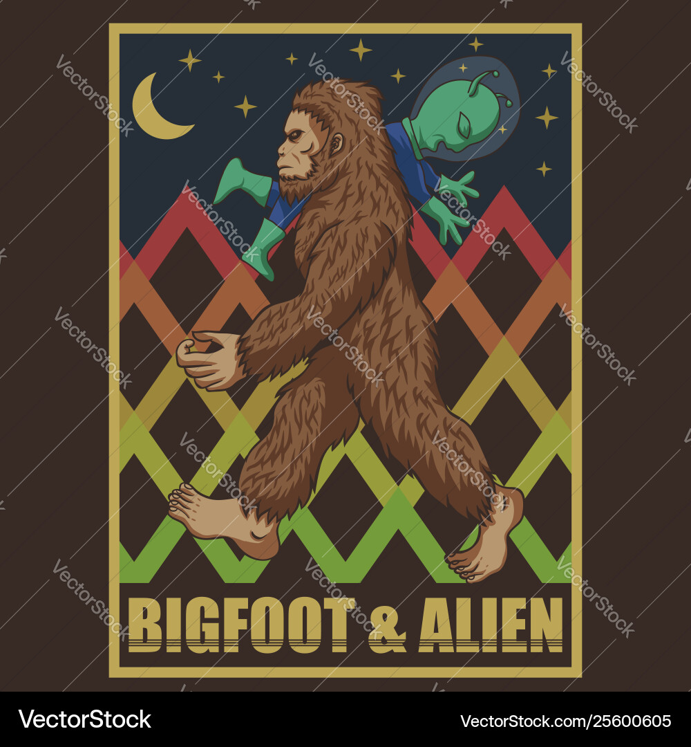 Bigfoot und Alien Retro Lizenzfreies Vektorbild