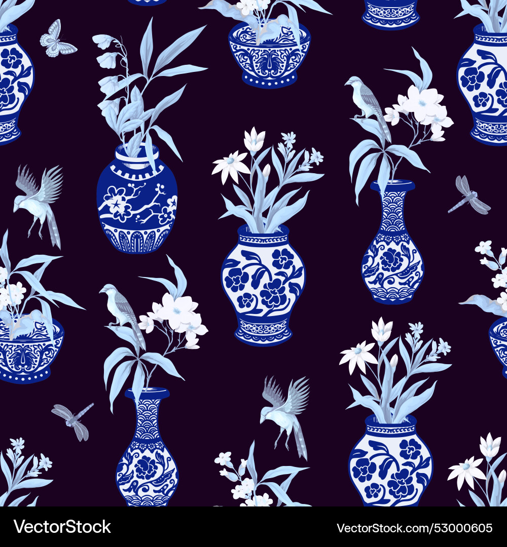 Seamless pattern with chinese blue vases Vector Image