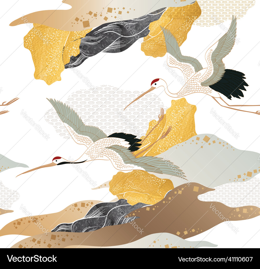 Japanese background with hand drawn crane birds Vector Image