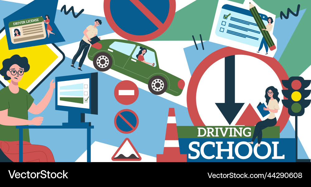 Driving school flat collage Royalty Free Vector Image