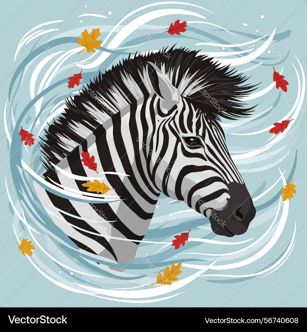Zebra head with wind and autumn leaves animation Vector Image