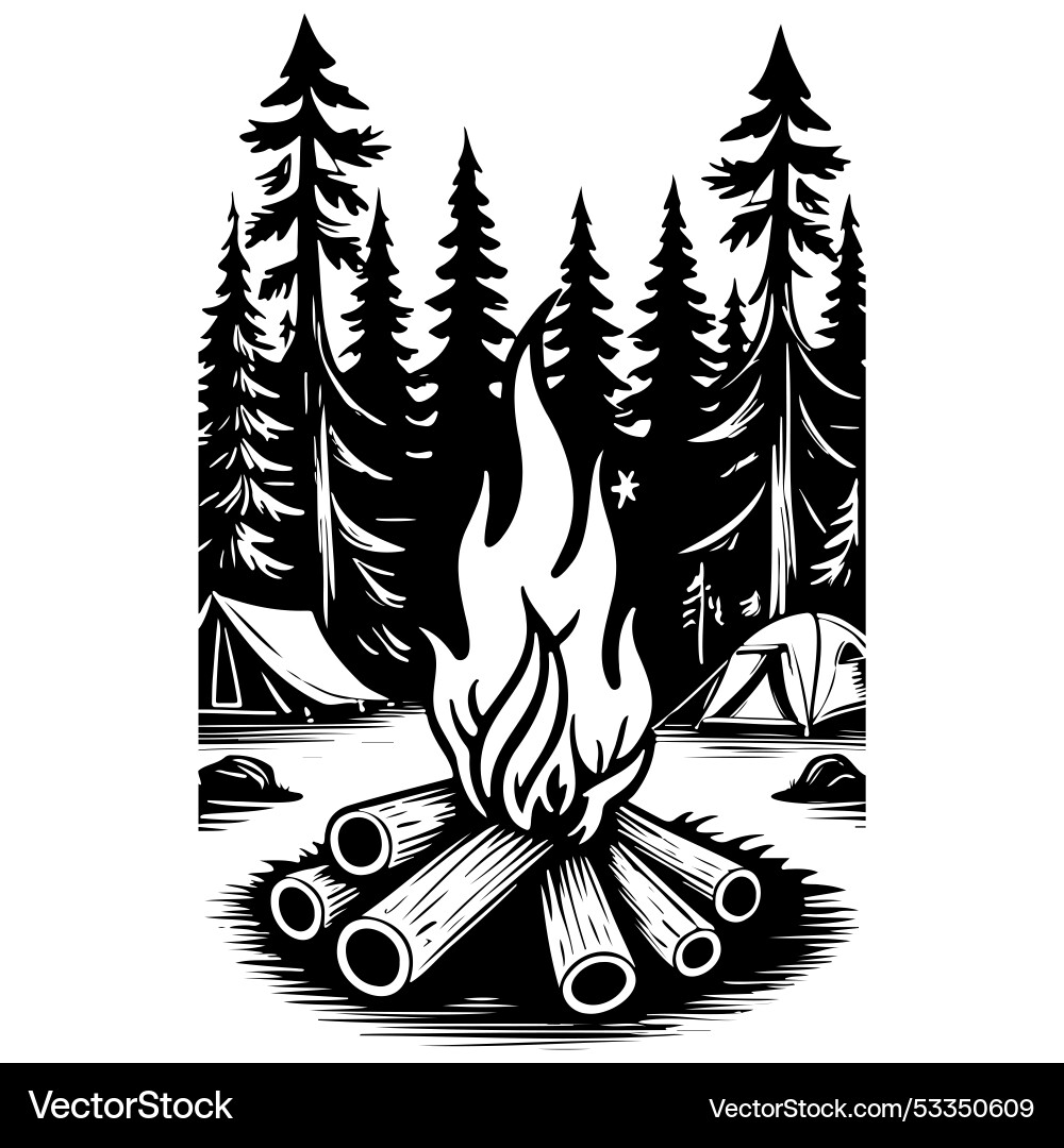 Line camp fire monochrome outline drawing Vector Image