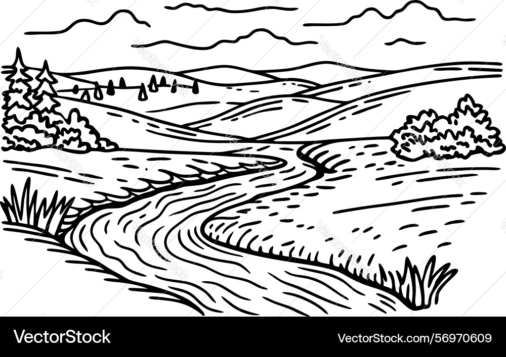 Winding river flowing through vast countryside Vector Image