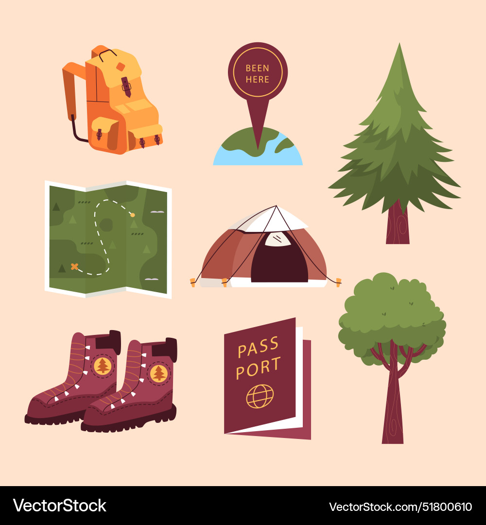 Camping icons backpack tent map passport boots Vector Image