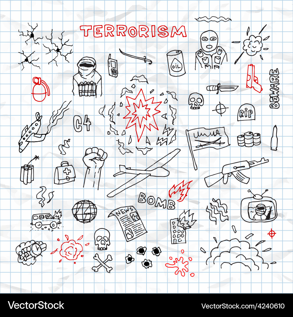 Hand drawn terrorism doodles on crumpled paper Vector Image
