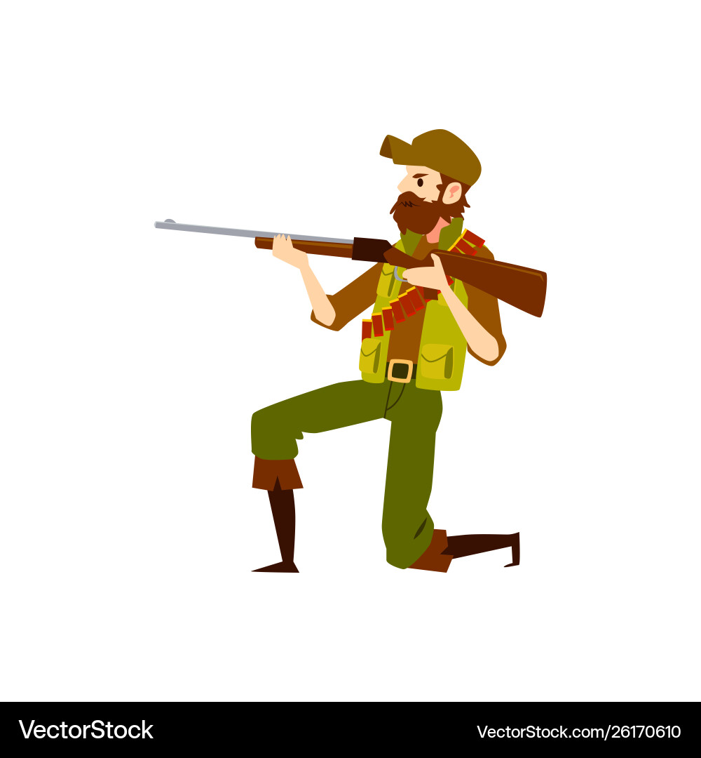 Hunter man with rifle gun aiming to shoot Vector Image