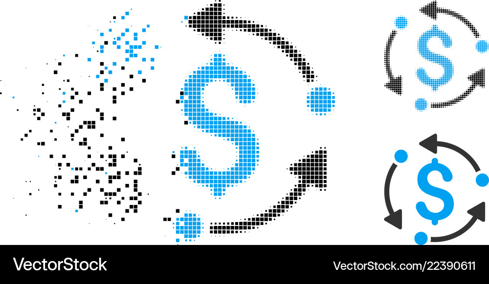 Broken pixelated halftone money rotation icon Vector Image
