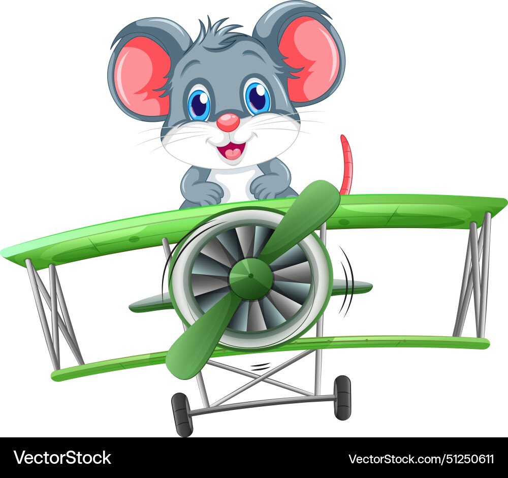 Cartoon mouse flying a green biplane Royalty Free Vector