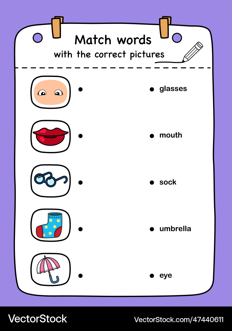 Match words with the correct pictures Royalty Free Vector