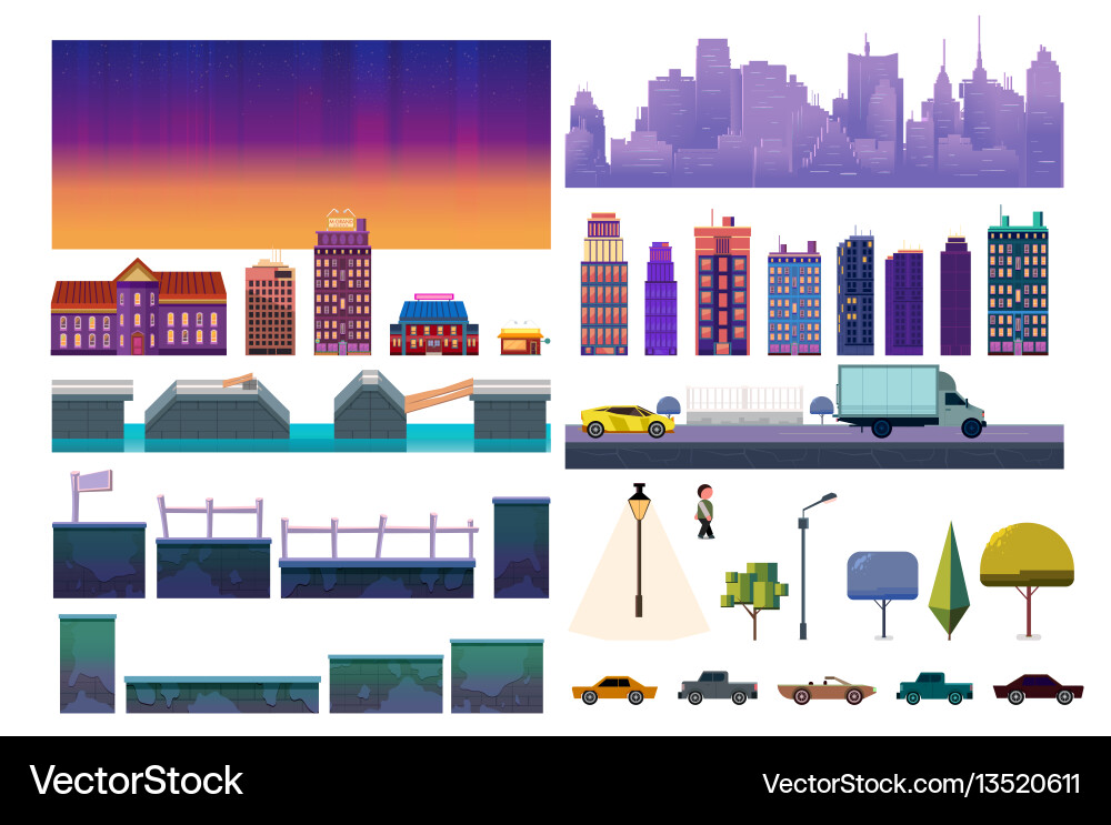 Night city game level kit collection Royalty Free Vector