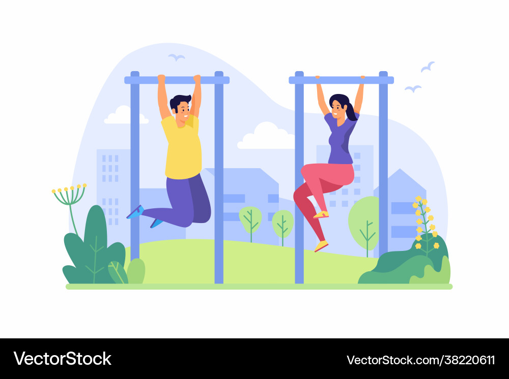 People pull up on horizontal bar teenagers warm Vector Image