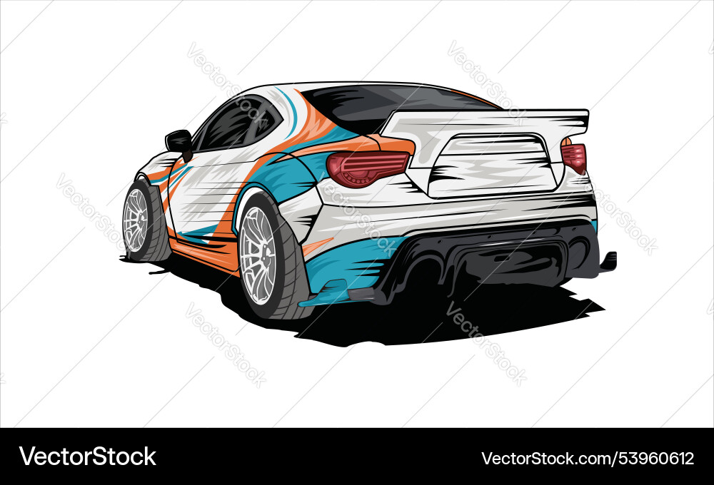 A modified white coupe with blue and orange accent