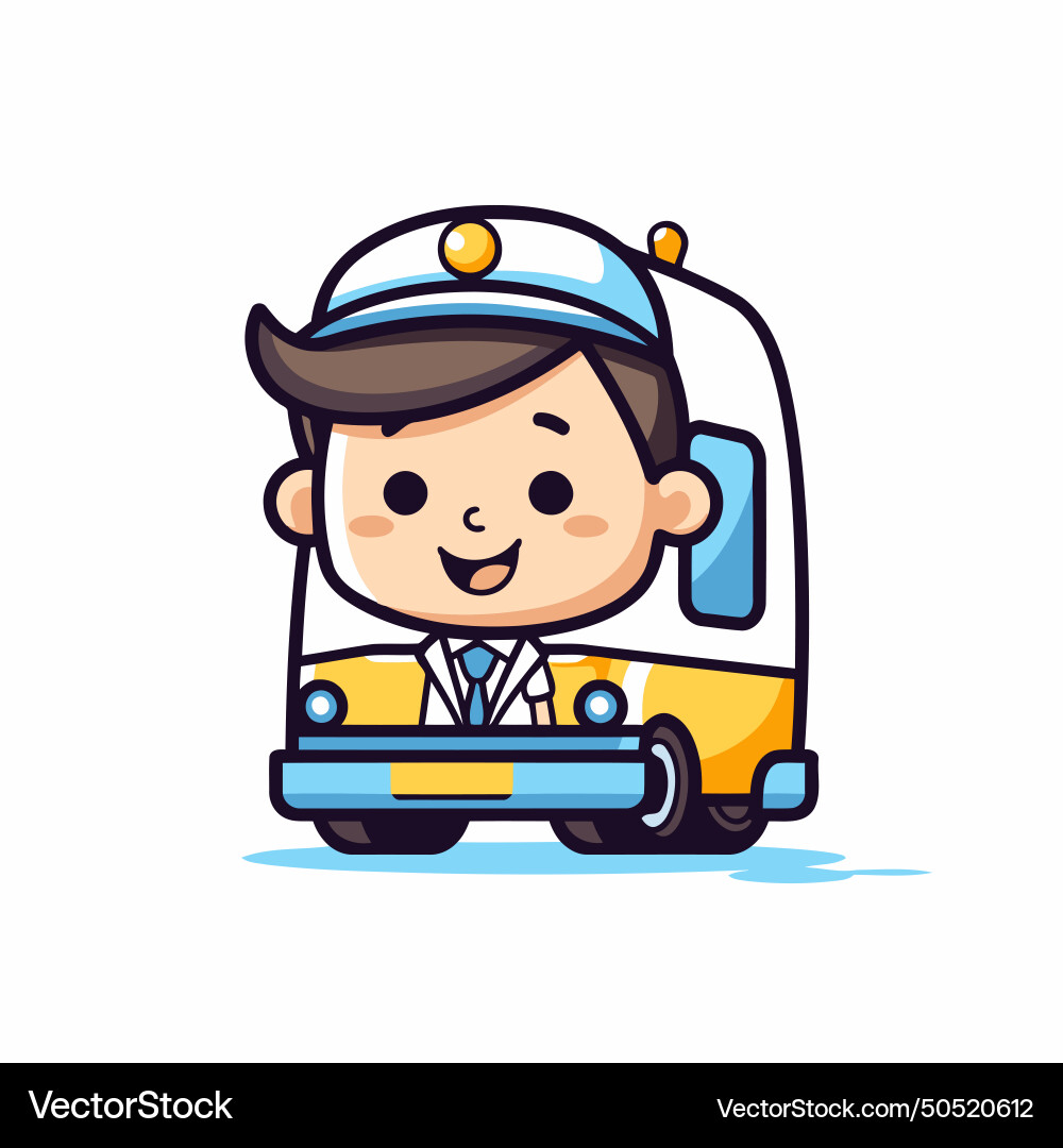 Cute boy driving a school bus flat cartoon Vector Image