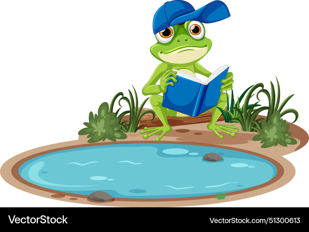 Cartoon frog reading a book beside pond Royalty Free Vector