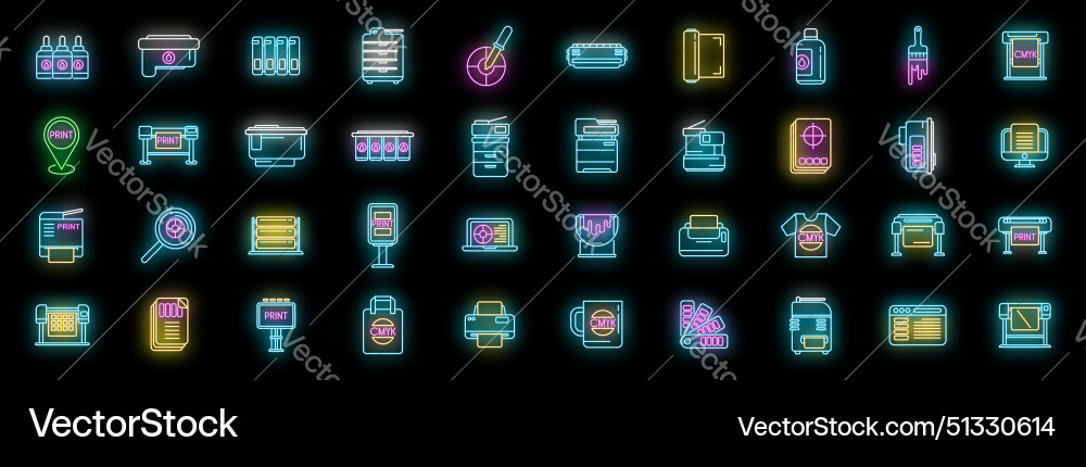 Digital printing icons set neon Royalty Free Vector Image