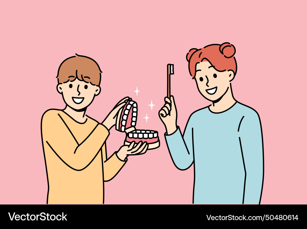 Happy children show rules brushing teeth and using