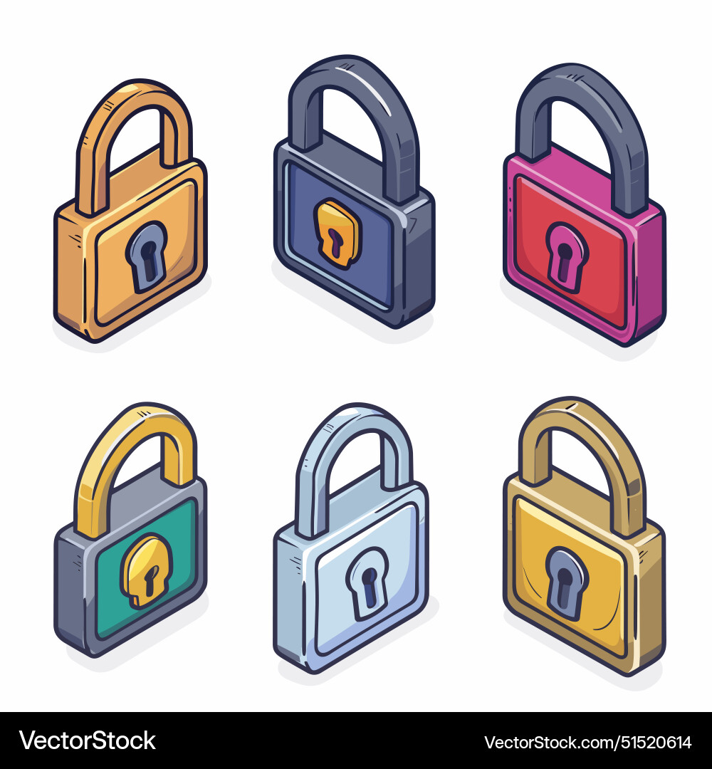 Six colorful cartoonstyle padlocks three top row Vector Image