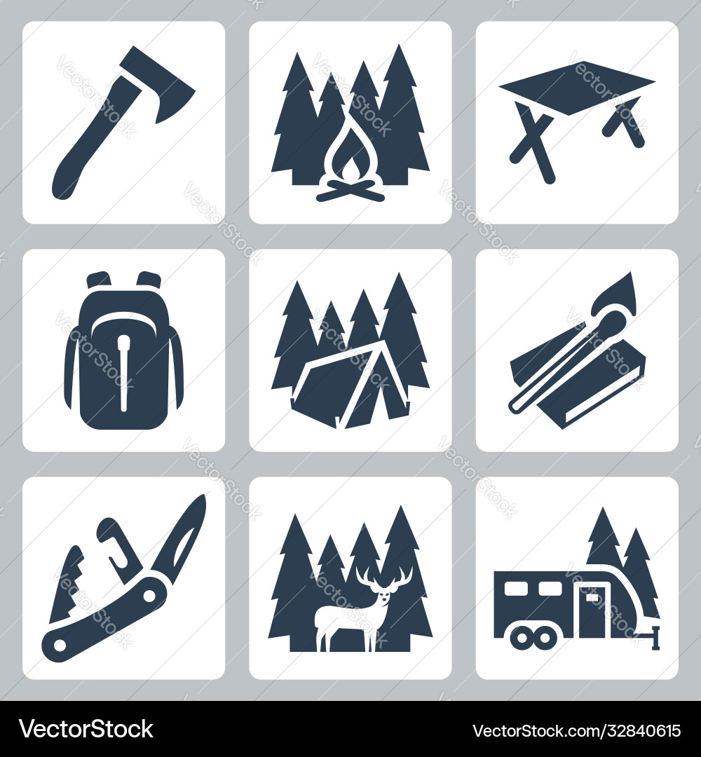 Camping icons set axe campfire table Royalty Free Vector