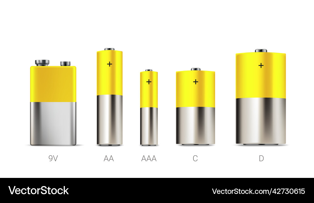 Different size realistic batteries set isolated Vector Image