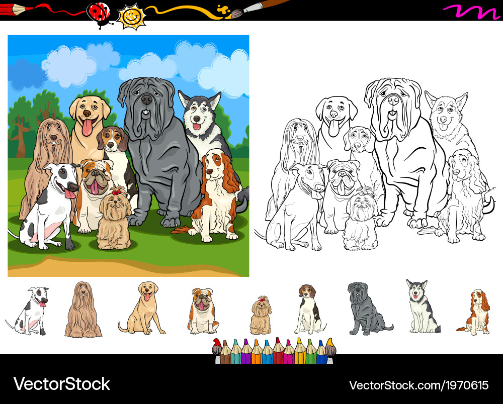 Dog breeds cartoon coloring page set Royalty Free Vector