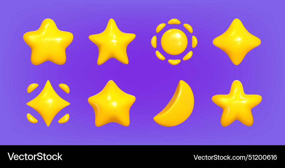 3d set objects stars yellow sun month Royalty Free Vector