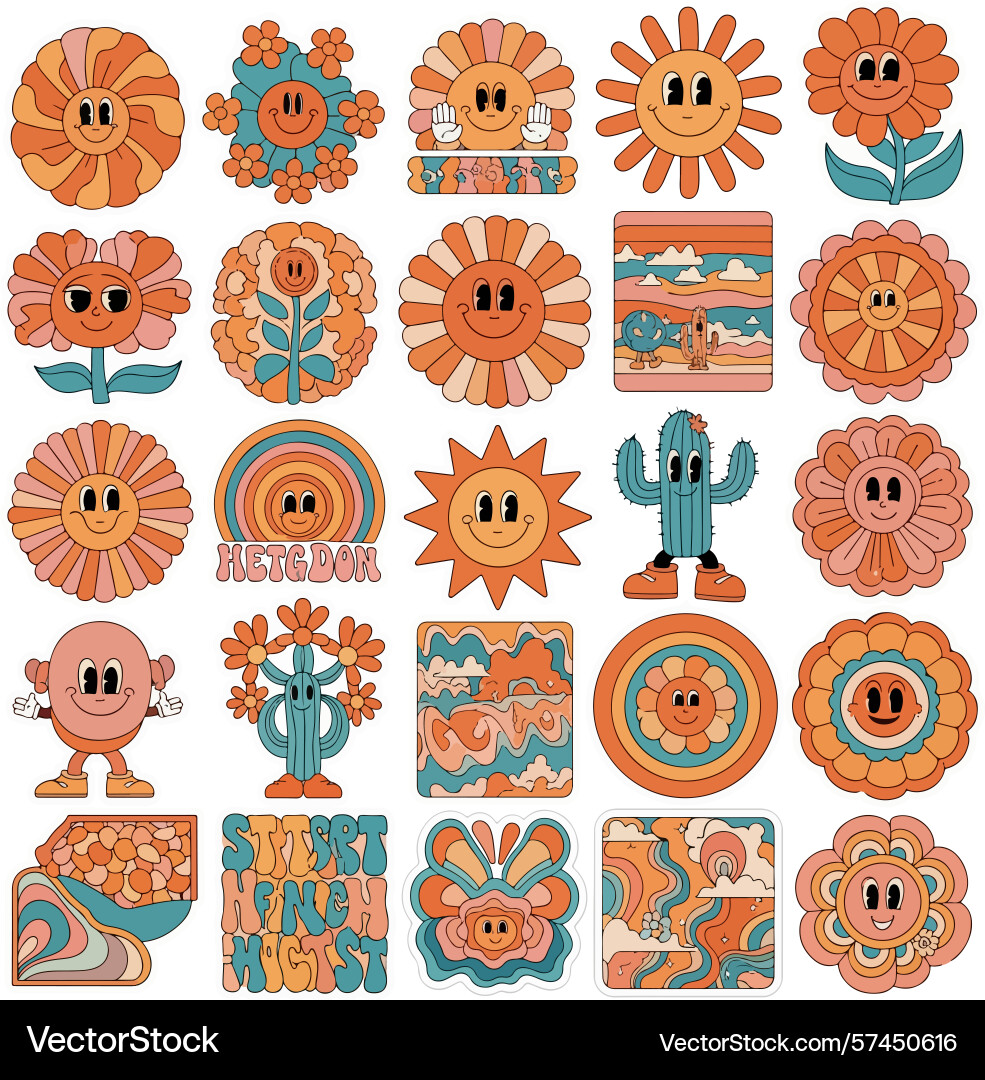 Retro 90s groovy flower smileys sticker pack Vector Image