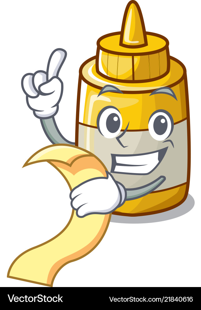 With menu yellow mustard in plastic bottle cartoon