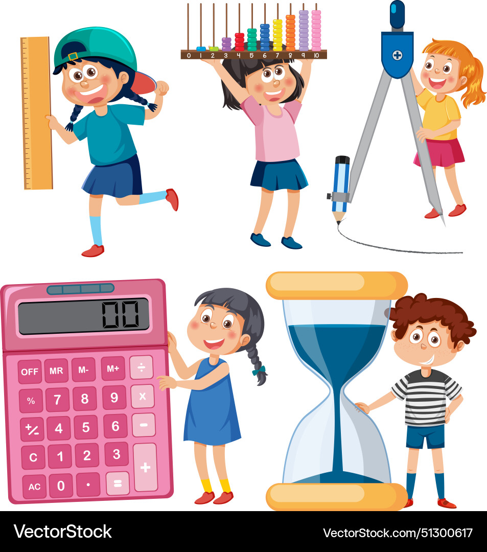 Kids using various educational tools playfully Vector Image