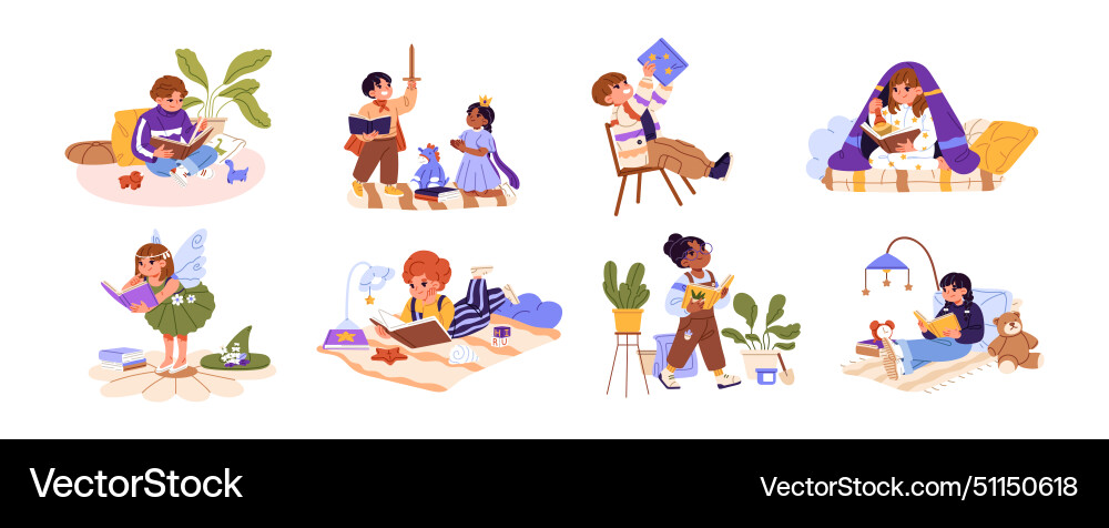 Children read paper books set different happy Vector Image