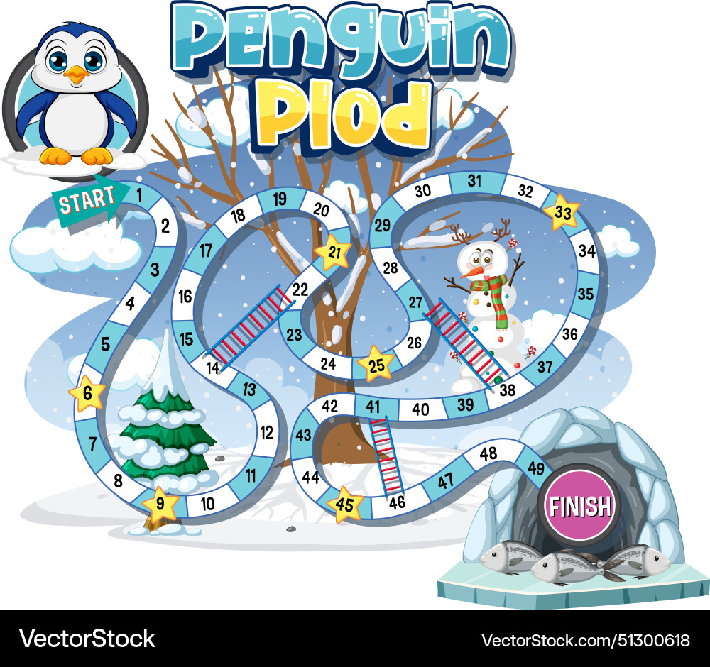 Colorful board game with penguins and winter theme