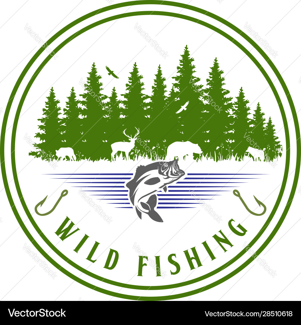 Wild fishing logo design forest fish Royalty Free Vector