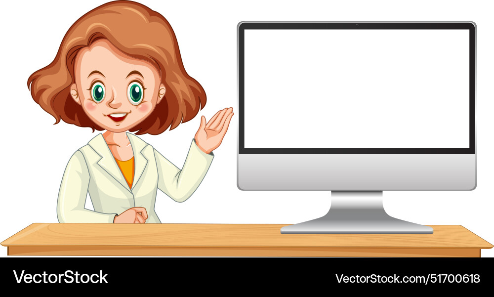 Woman in lab coat presenting beside computer Vector Image