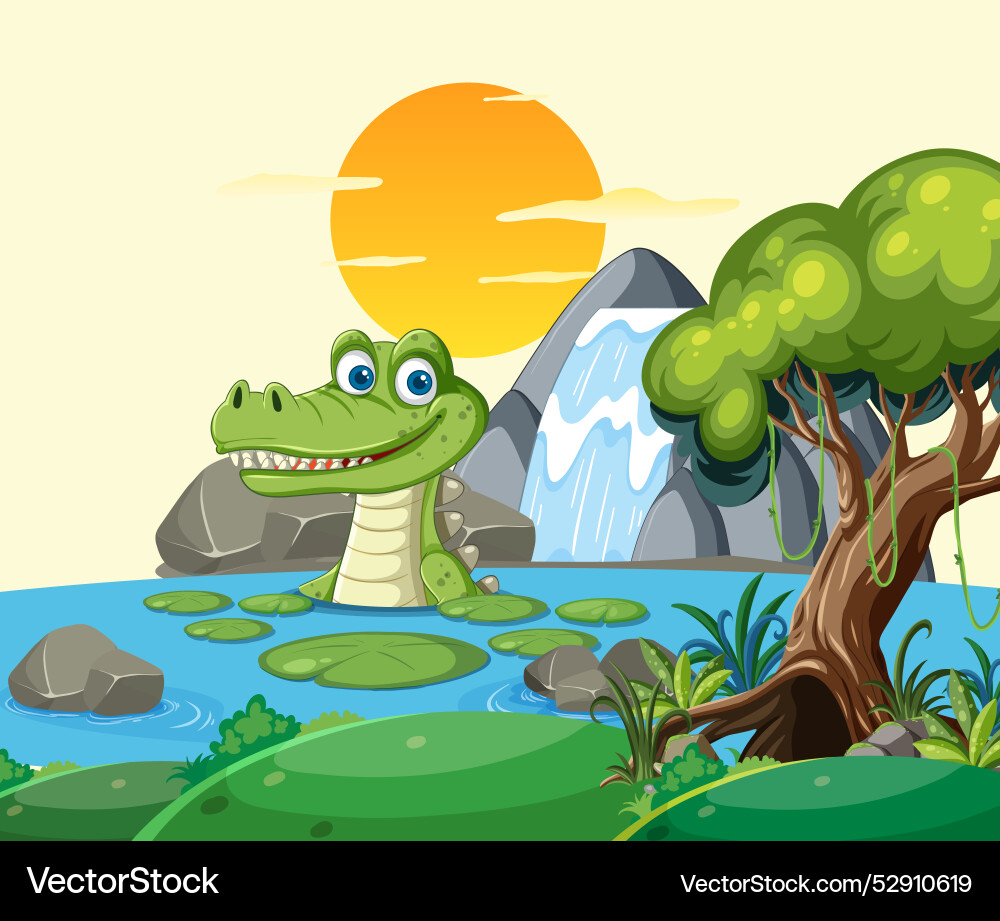 Crocodile in water with sunset and waterfall Vector Image