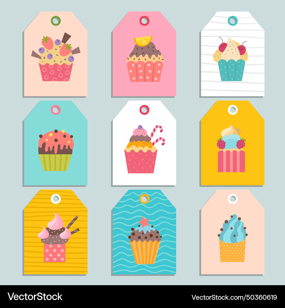 Cupcakes cards print decorative with cakes Vector Image