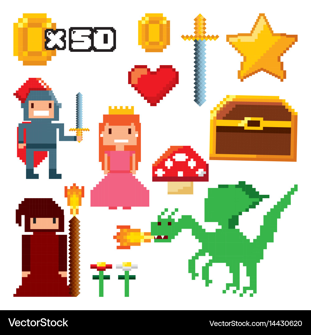 Pixelated video game icons Royalty Free Vector Image