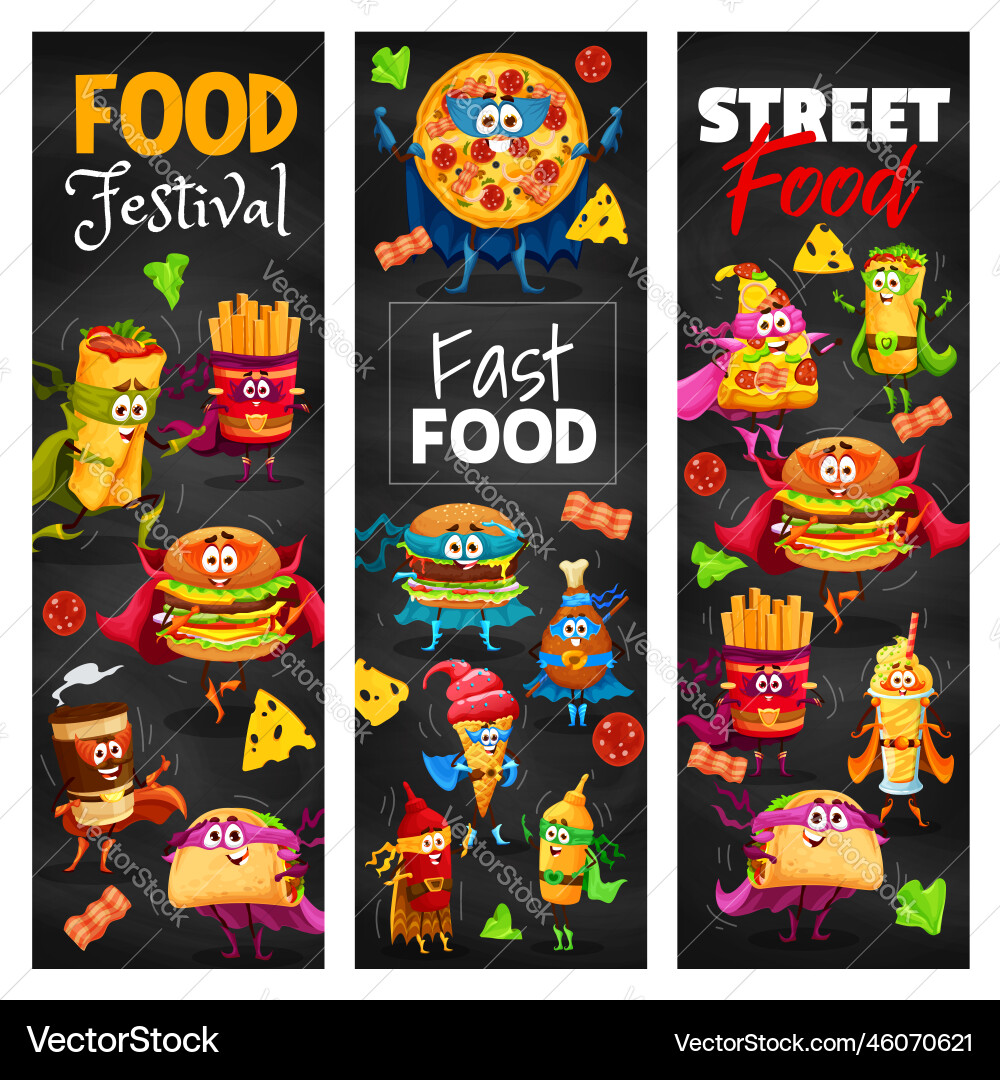 Cartoon fast food superhero characters Royalty Free Vector
