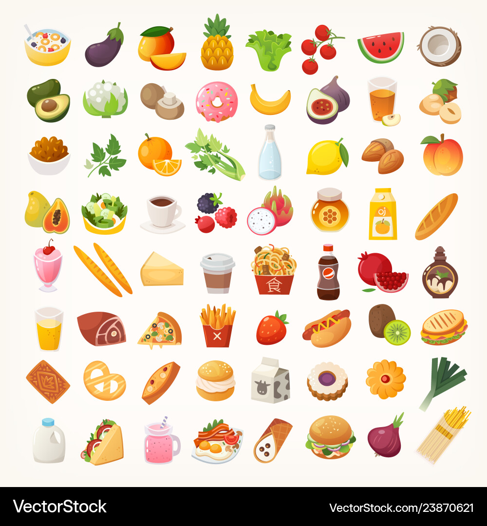 Food ingredients and dishes icons Royalty Free Vector Image